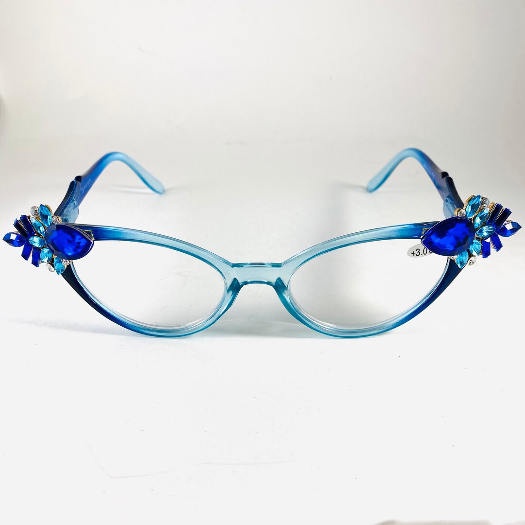 Retro Readers Blue Ombre Frames With Bright Blue and Aqua Rhinestones ...
