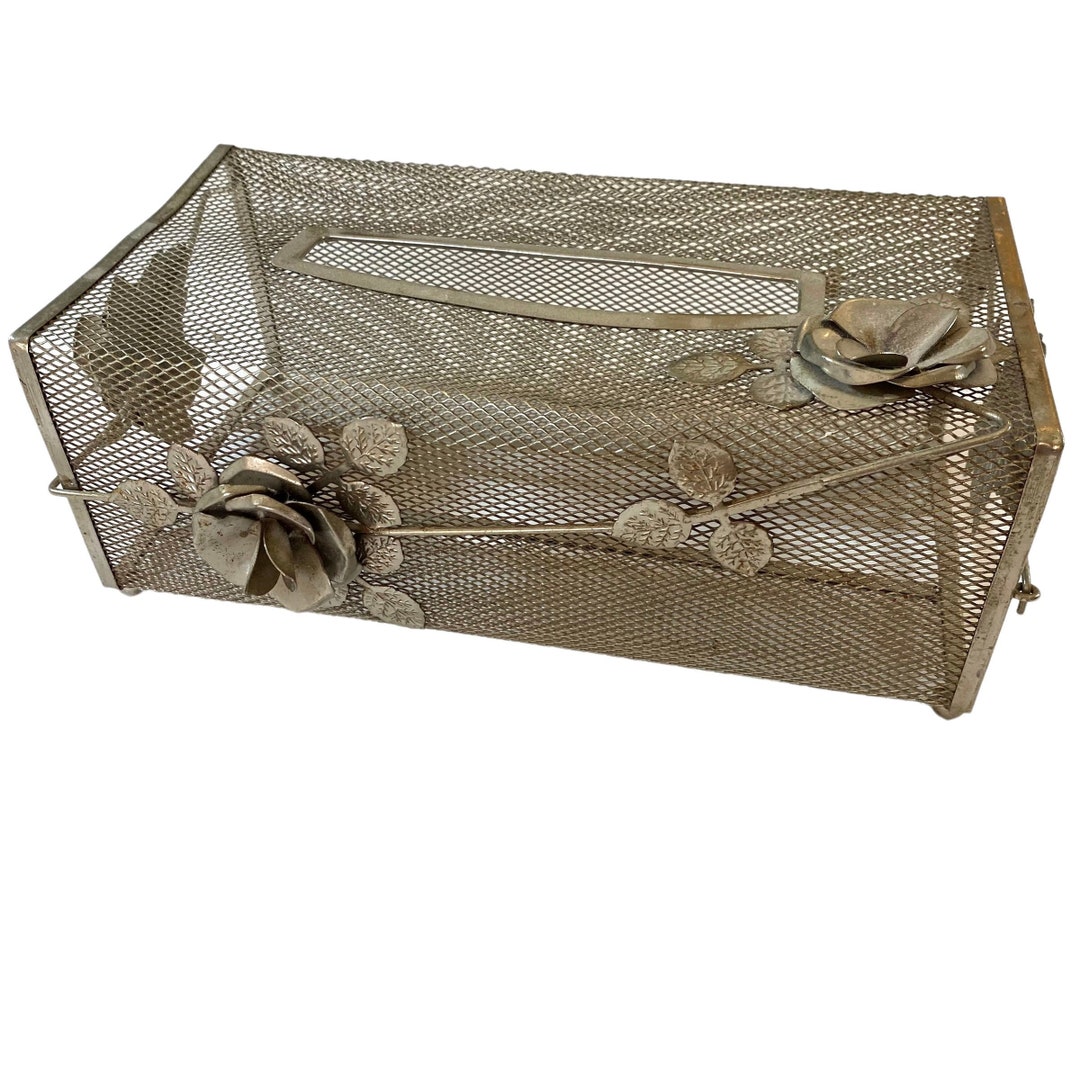 Vintage 50s 60s Metal Mesh Tissue Box With Roses Mid Century Modern ...