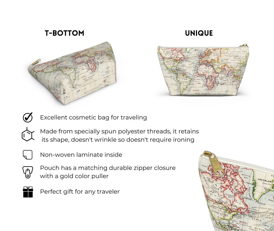 World Map Zipper Pouch, Wanderlust Make up Bag, Cosmetic Case, Travel ...