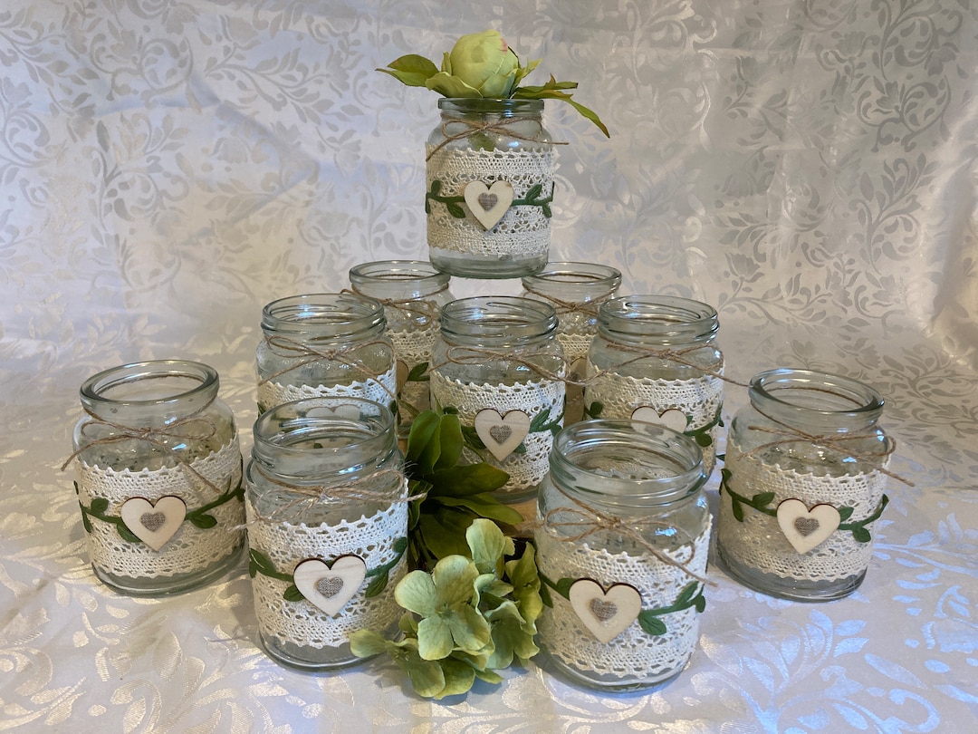 10 X Sage Green and Lace Decorated Jars for Wedding Centerpieces ...