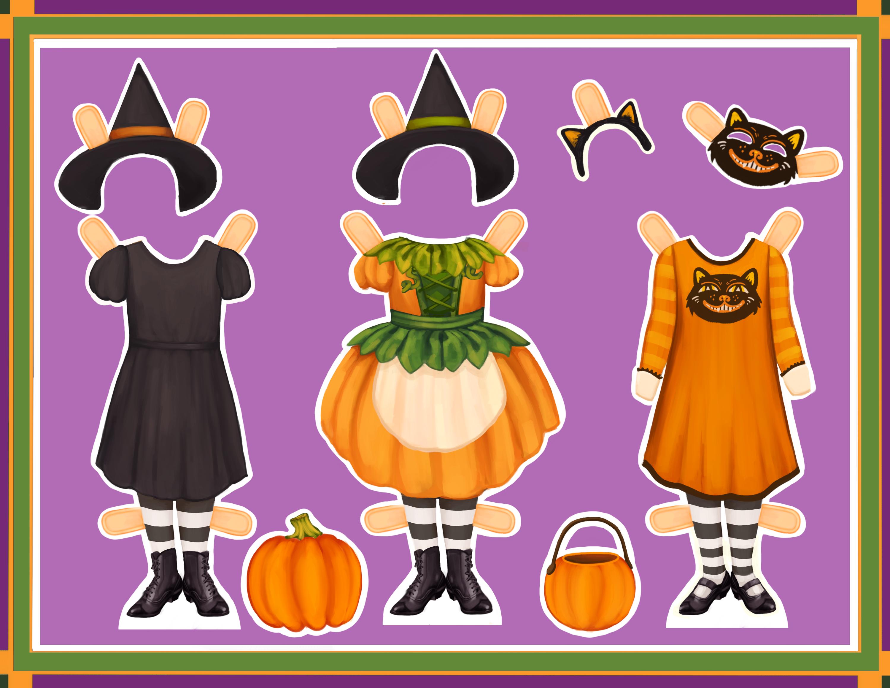 Halloween Bundle - Paper Doll Costumes, Coloring Pages - Cat, Witch ...