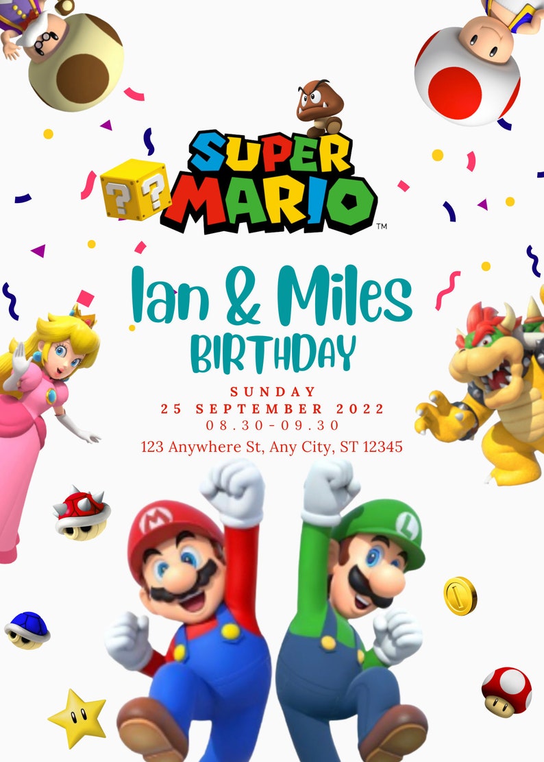 Digital Super Mario TWIN Birthday Invitation | Super Mario Invites | E ...