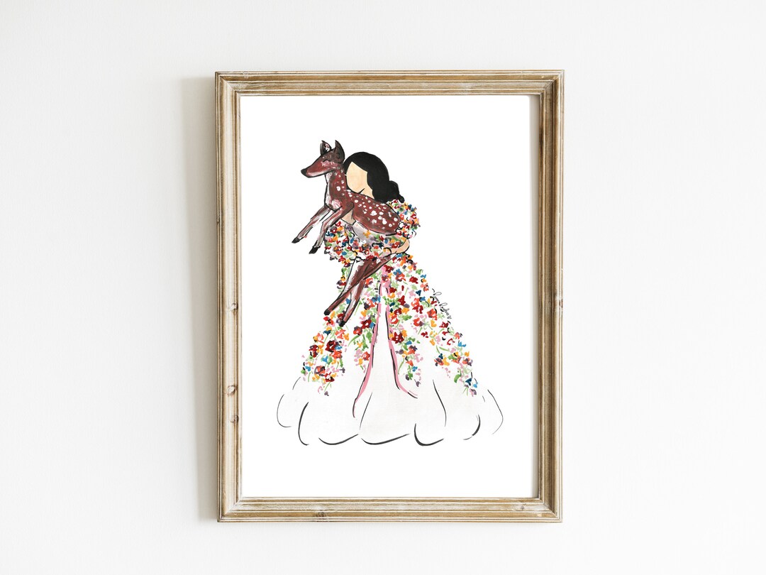 Cottagecore Deer and Girl Painting Print, Floral Deer Artwork for ...