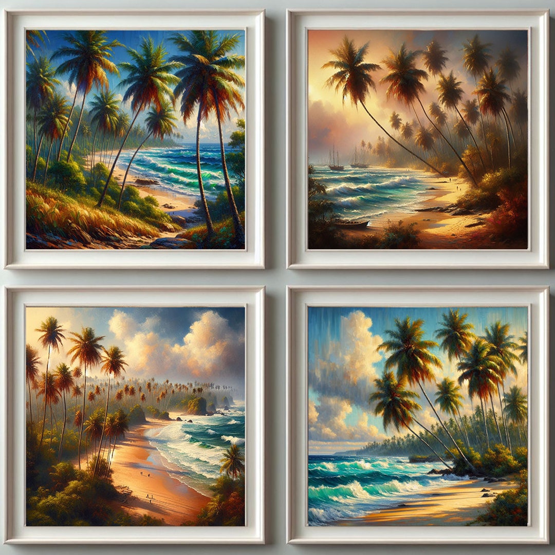 Ocean Beach Theme Wall Art Decor Coastal Tropical Palm Trees, 4 X ...