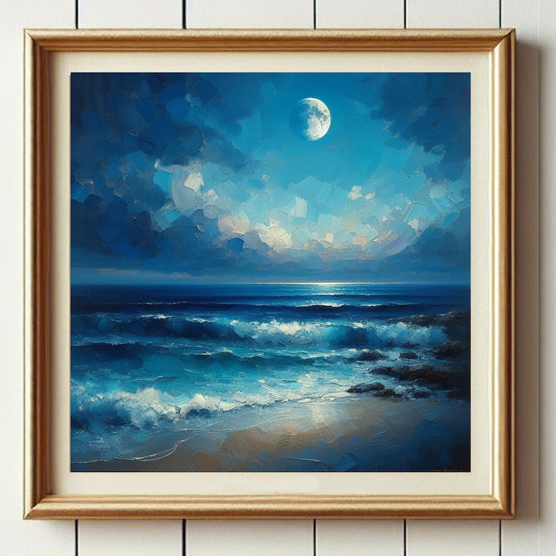 Moon Over Ocean Blue Beach Wall Art Seascape Painting Sea Poster, 4 X ...