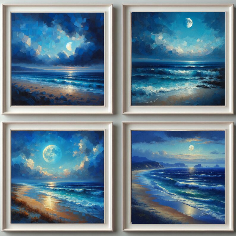 Moon Over Ocean Blue Beach Wall Art Seascape Painting Sea Poster, 4 X ...