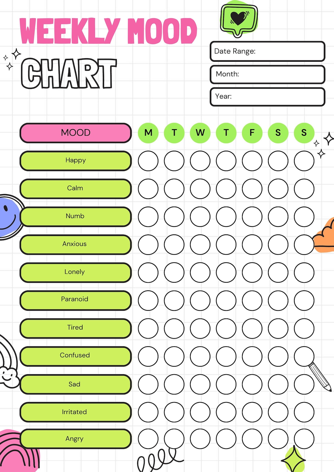 Weekly Mood Chart Printable Mood Tracker Simple Mood Journal Mental ...