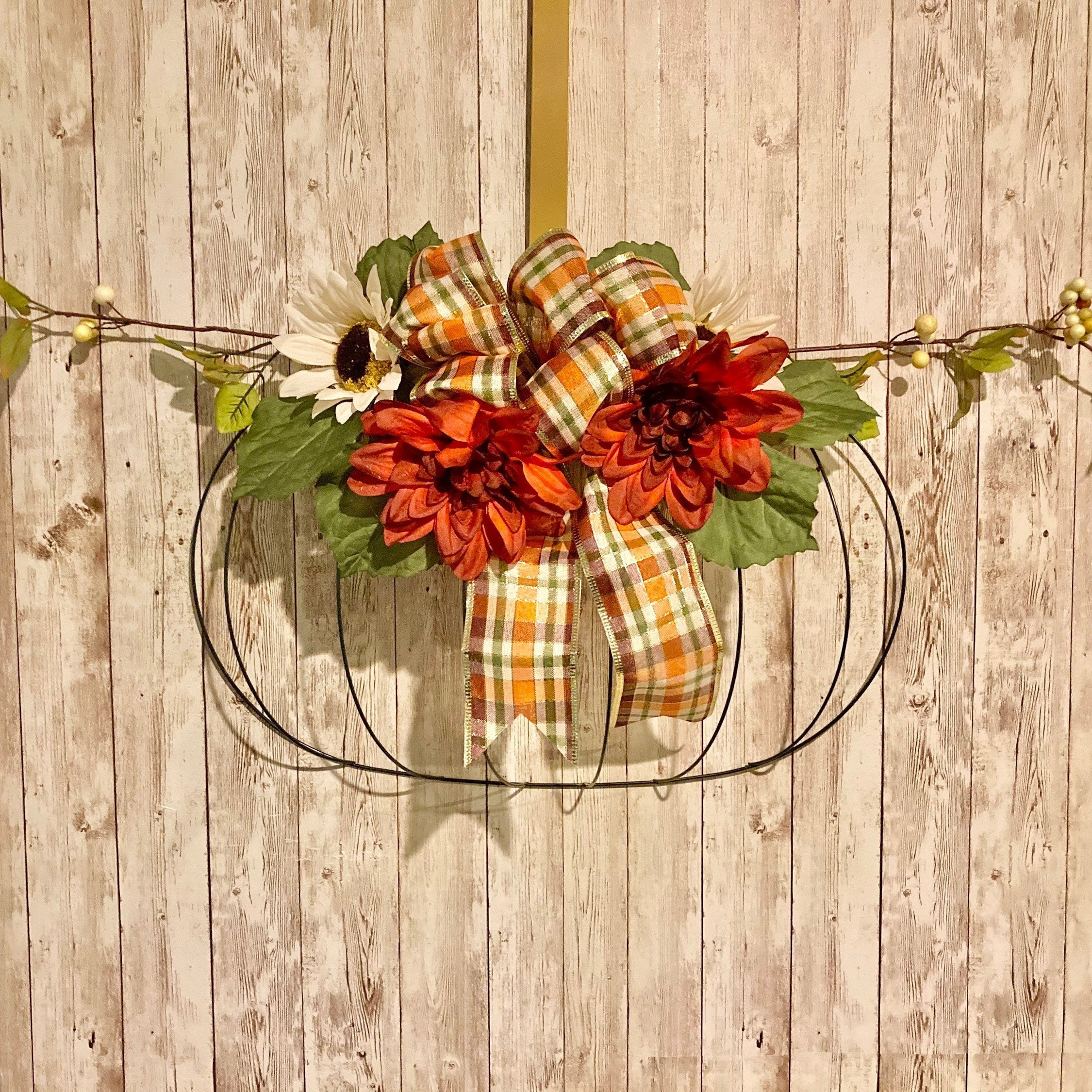 18 Inch Pumpkin Wire Frame Wreath With Plaid Ribbon & - Etsy UK