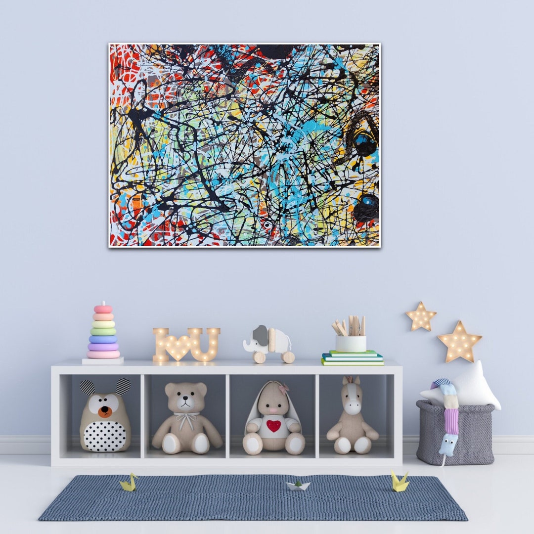 Jackson Pollock Style Painting, Blau Red Orange Abstract Painting ...