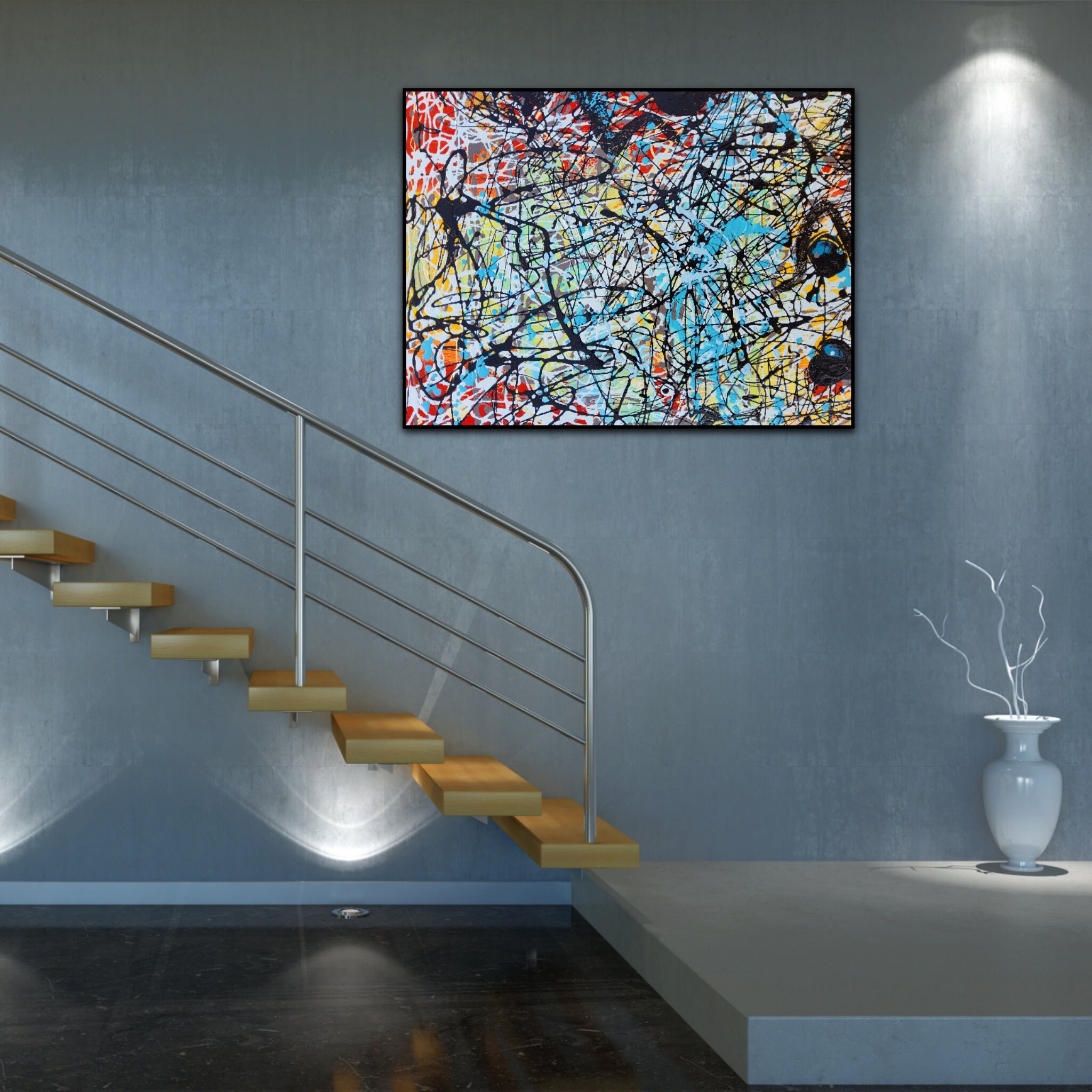 Jackson Pollock Style Painting, Blau Red Orange Abstract Painting ...