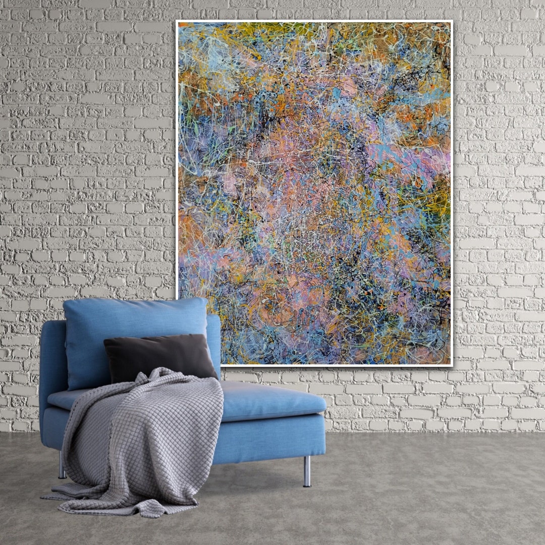 Jackson Pollock Style Painting, Pink Blau Yellow Abstract Painting ...