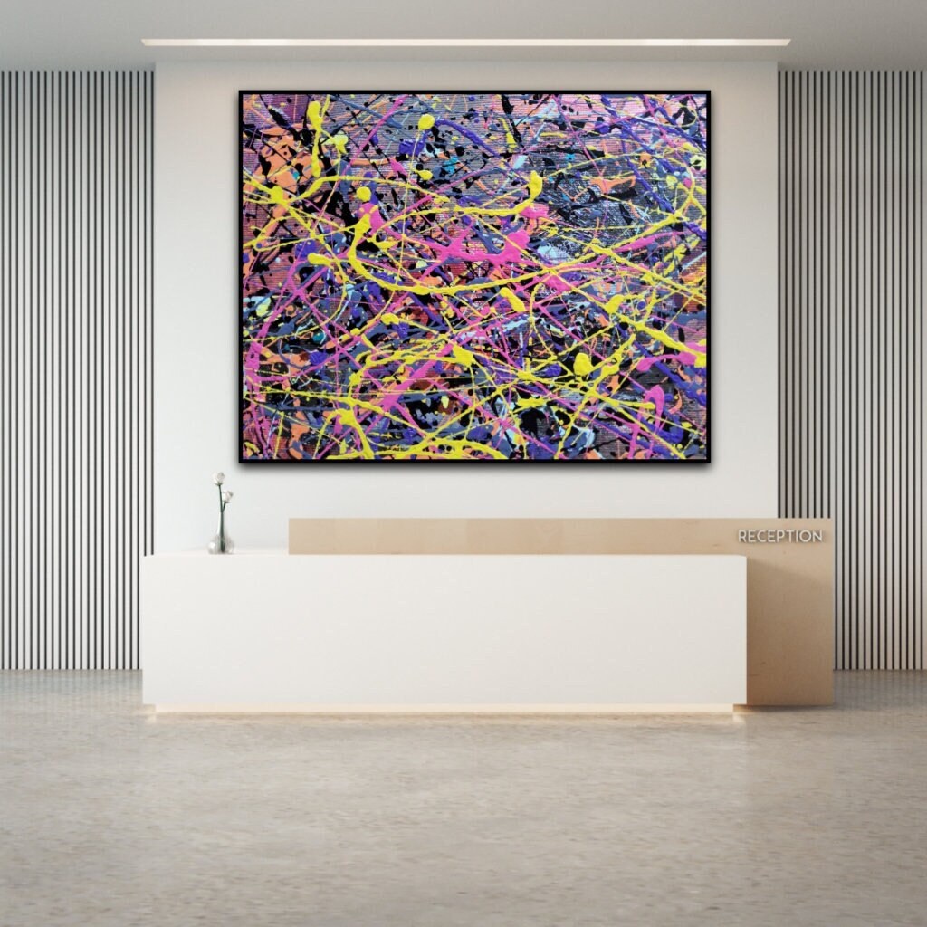 Jackson Pollock Style Painting, Lila Pink Yellow Abstract Painting ...