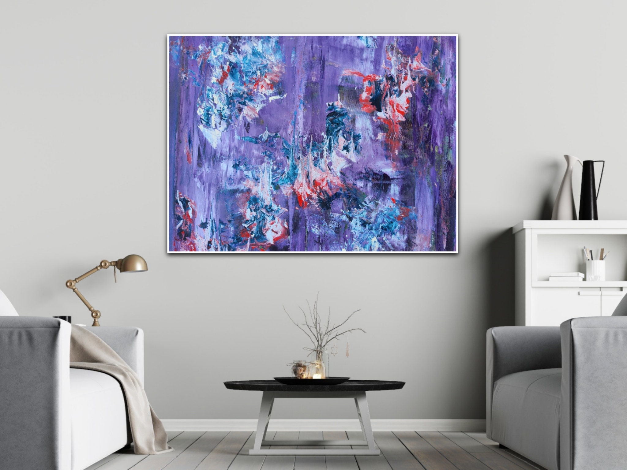 Lila Oversize Abstract Art, Richter Style, Lila Purpur Red Wall Decor ...
