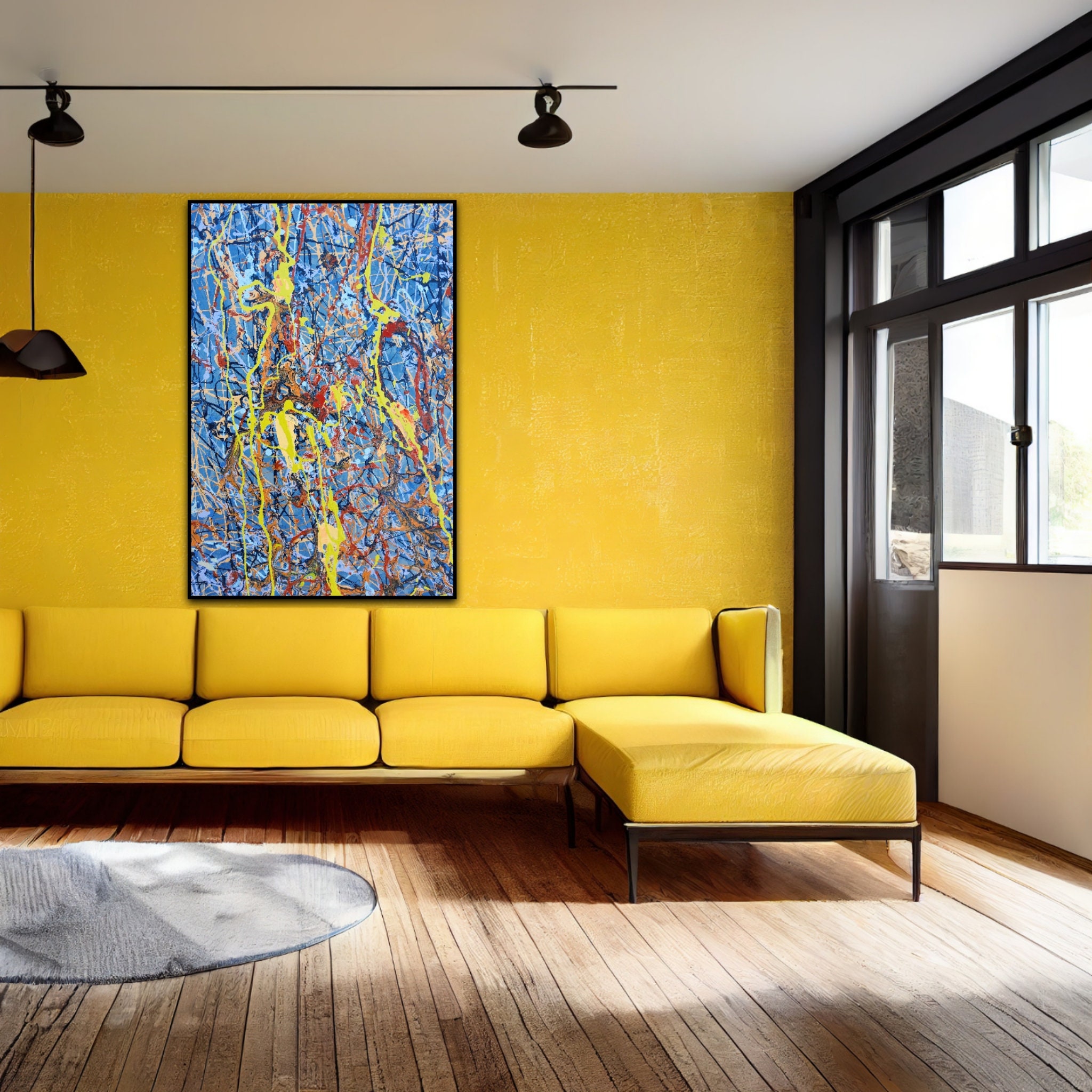 Jackson Pollock Style Painting, Blau Orange Yellow Abstract Art ...