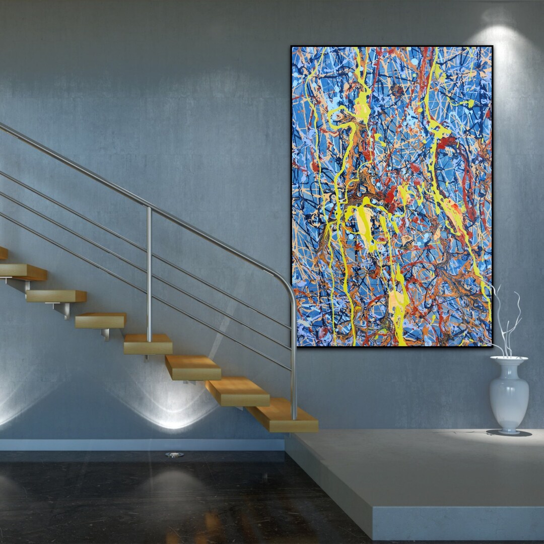 Jackson Pollock Style Painting, Blau Orange Yellow Abstract Art ...