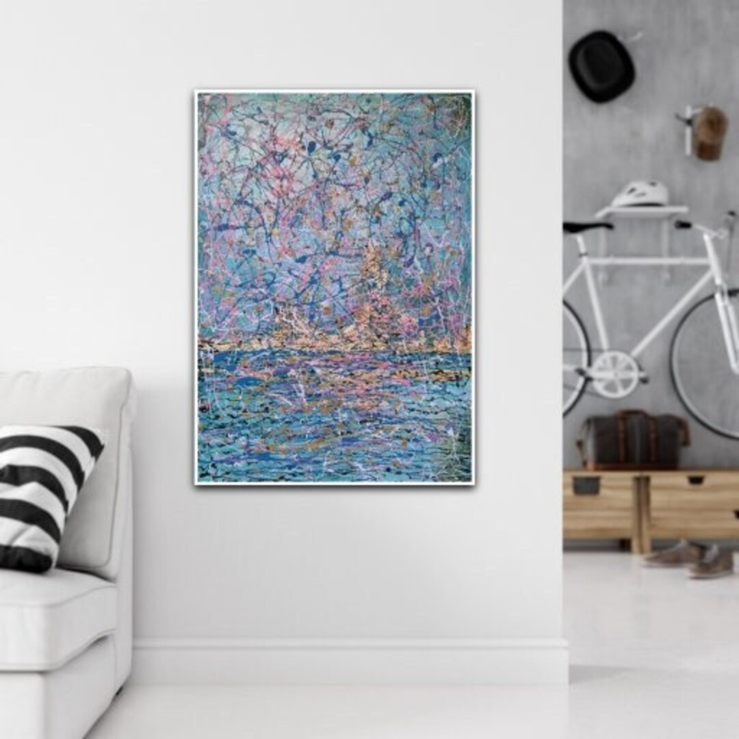 Mint Pink Abstract Painting, Pollock Style, Mint Pink Landscape Paint ...