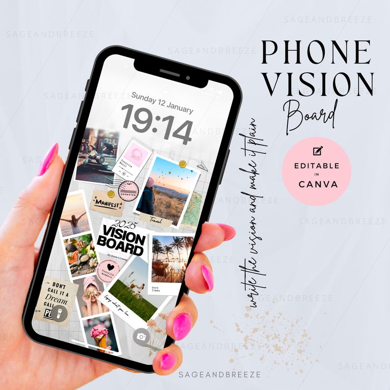 2025 Vision Board, Digital Vision Board Phone CANVA Template Wallpaper ...