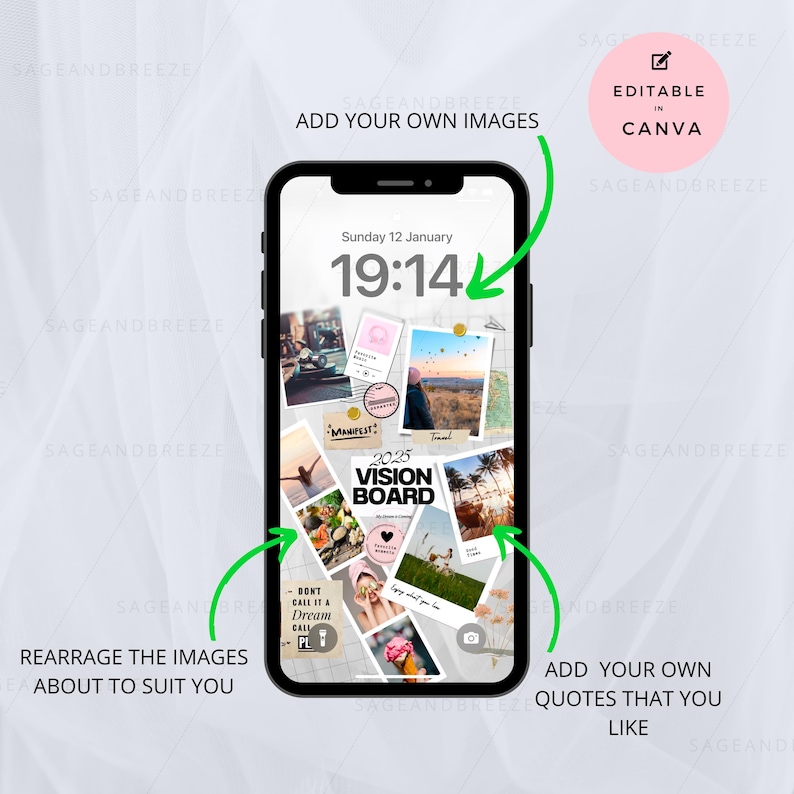 2025 Vision Board, Digital Vision Board Phone CANVA Template Wallpaper ...