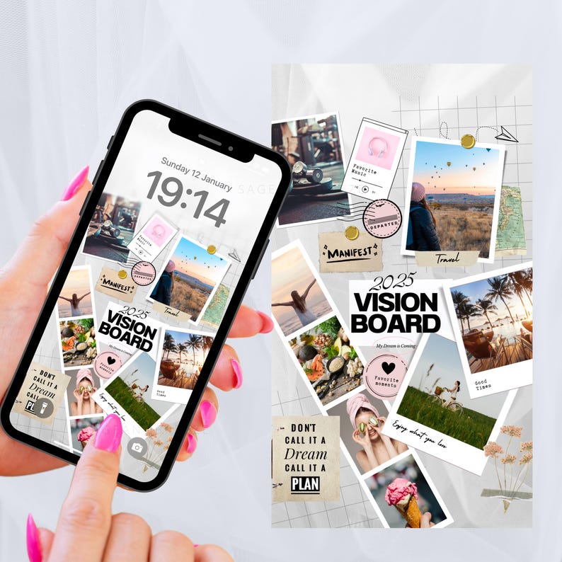 2025 Vision Board, Digital Vision Board Phone CANVA Template Wallpaper ...