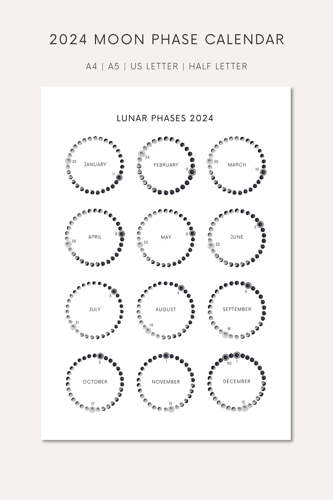 Moon Calendar 2024 Desk Printable Moon Phases Download Moon Journal ...