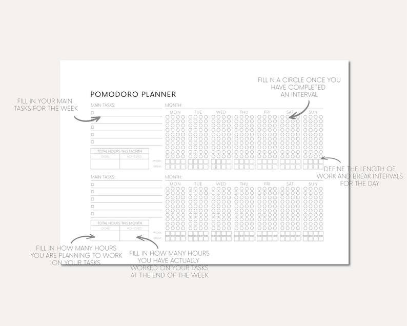 Pomodoro Method Printable Academic Planner for Time Management Download ...