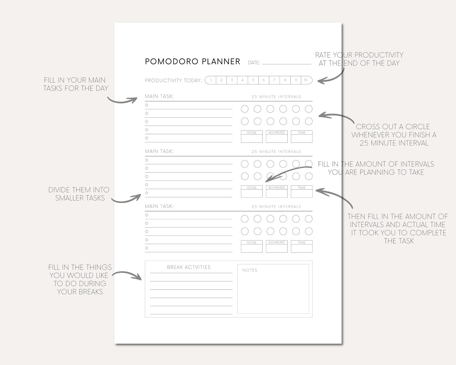 Printable Pomodoro Planner Download Productivity Tracker Pages for ...