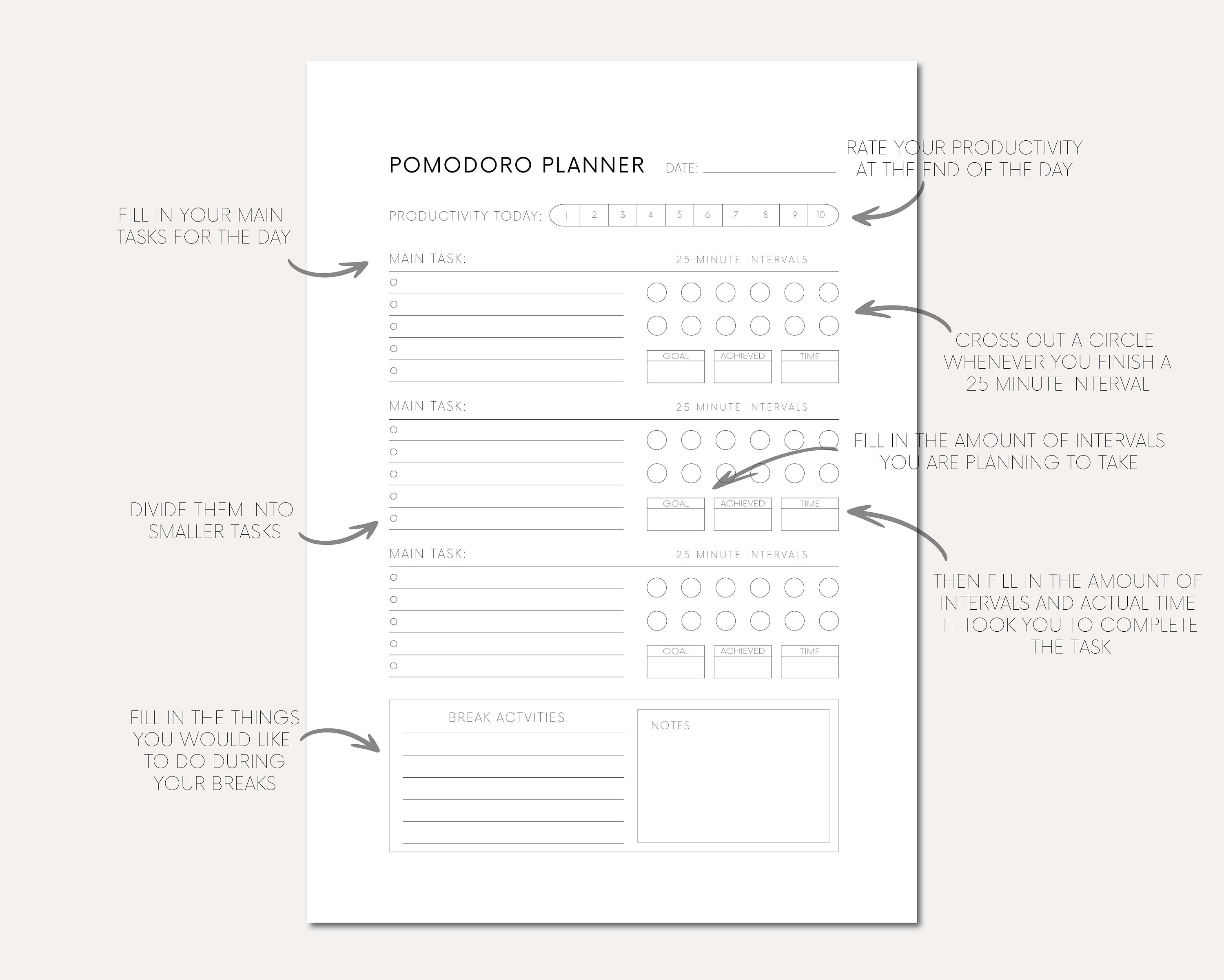 Printable Pomodoro Planner Download Productivity Tracker Pages for ...