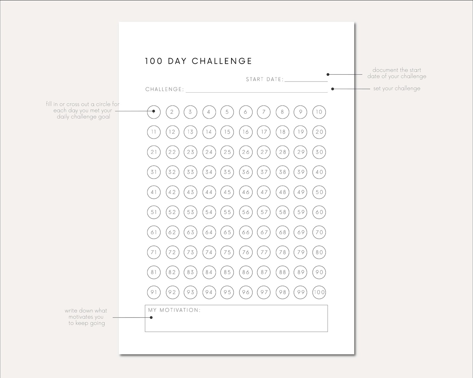 100 Day Challenge Printable Habit Tracker Download Start New Habit ...