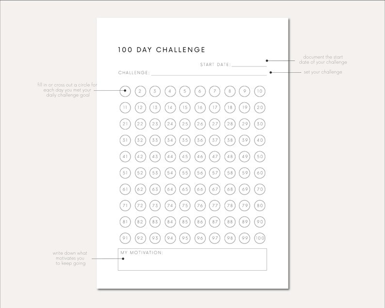 100 Day Challenge Printable Habit Tracker Download Start New Habit ...