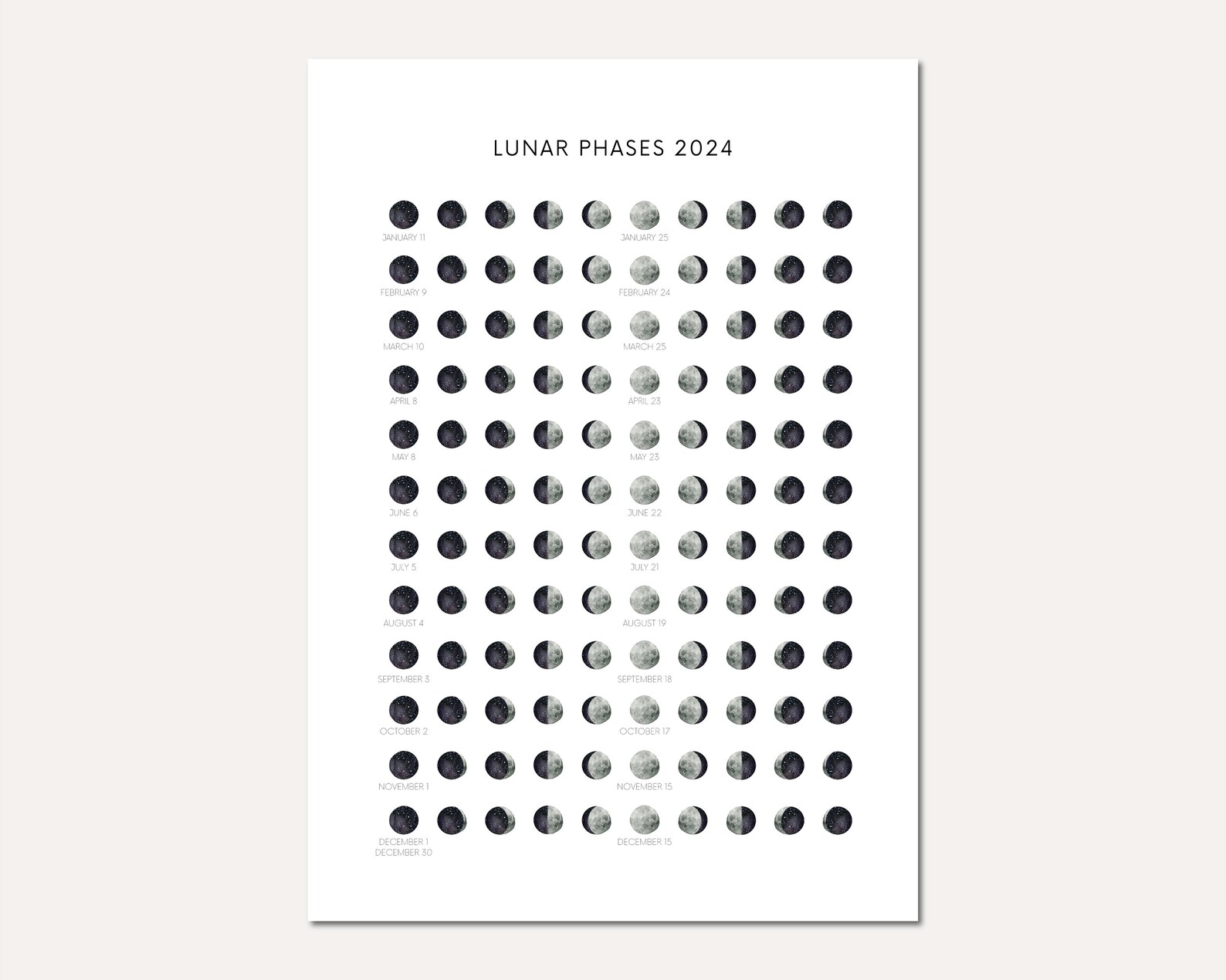 Printable Moon Phase Calendar 2024 Download Moon Phase Poster Printable ...