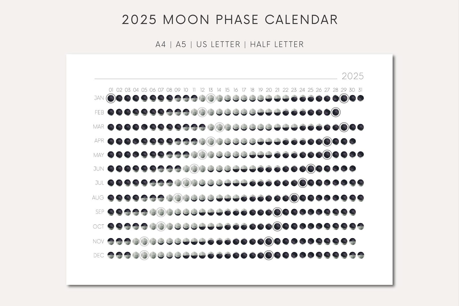Printable Moon Phase Calendar for 2025 Digital Printable Moon Phases ...