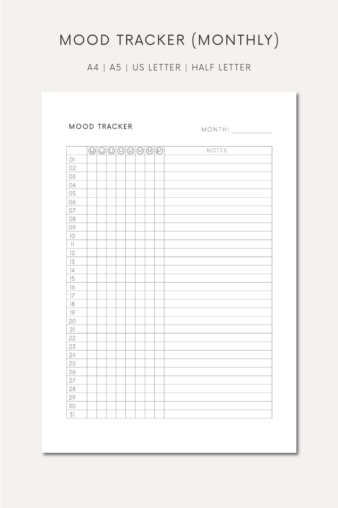 Daily Mood Tracker Printable Mood Track Monthly Emotion Tracker Digital ...