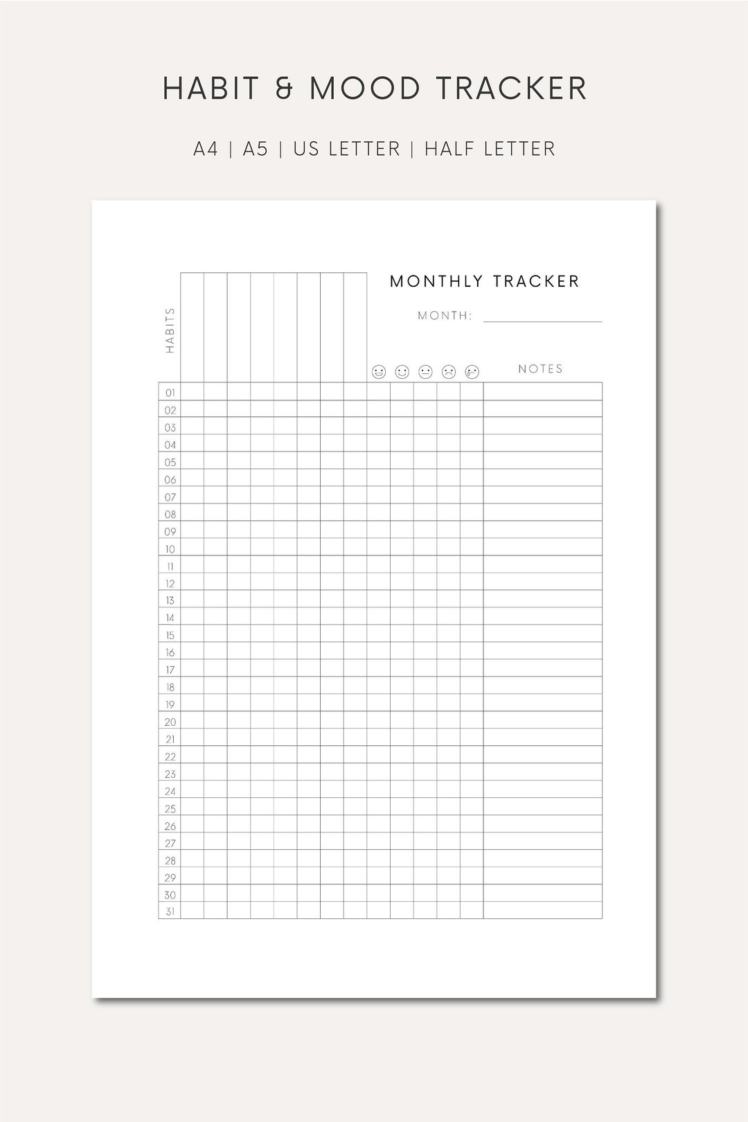 Printable Monthly Habit Tracker A4 Printable Mood Tracker Download ...