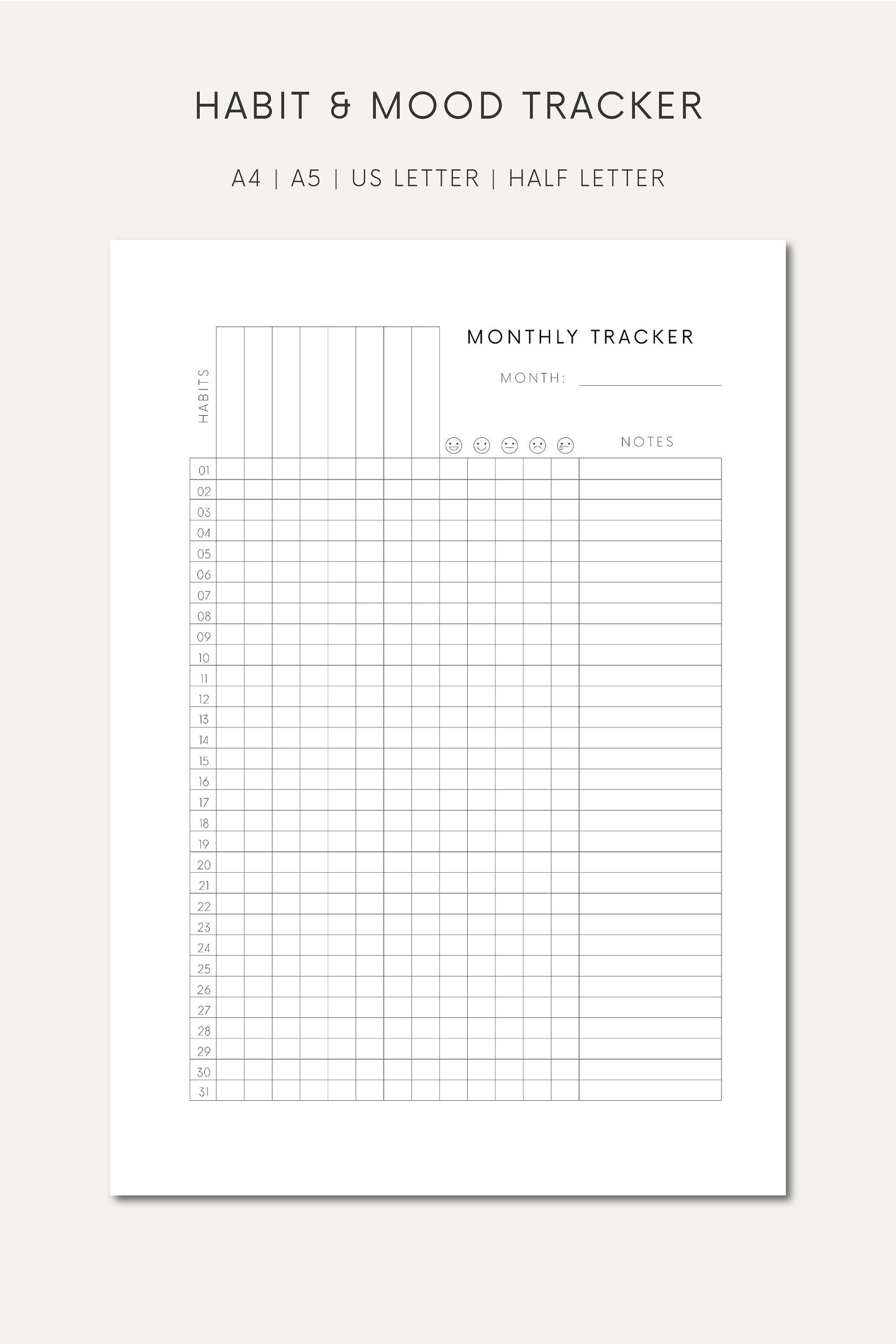 Printable Monthly Habit Tracker A4 Printable Mood Tracker Download ...