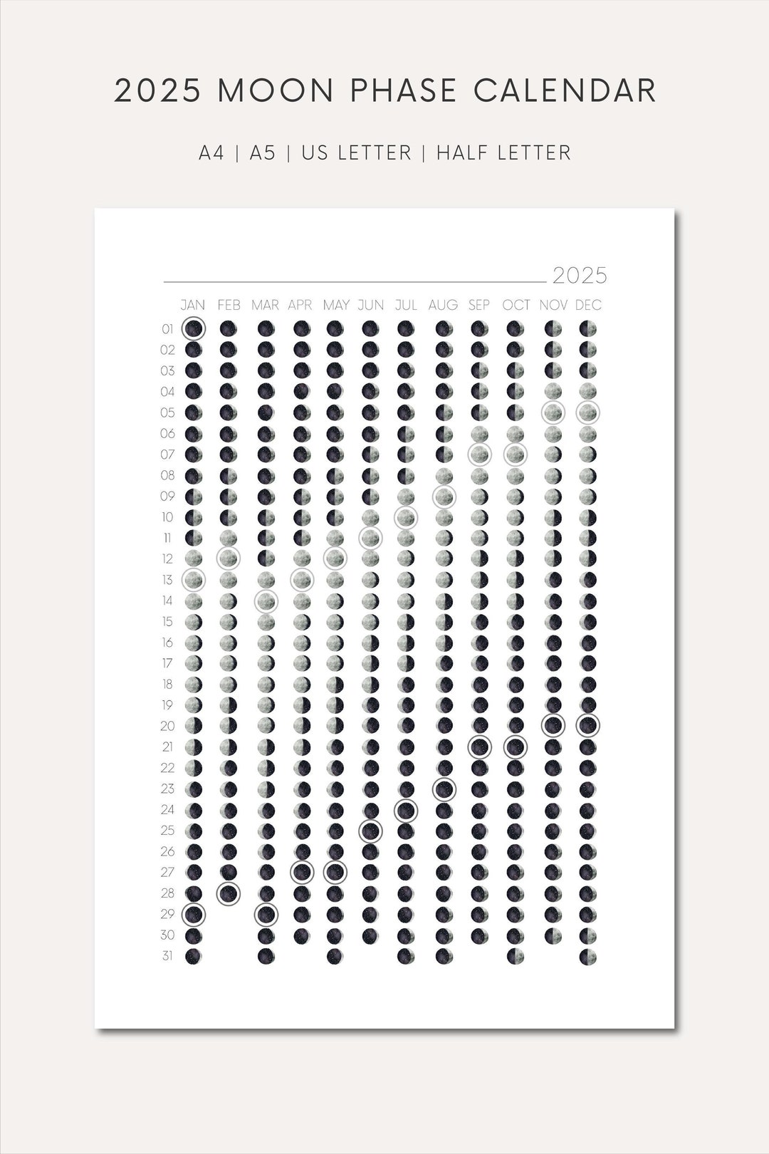 Printable Moon Phase Calendar 2025 Printable Lunar Calendar Digital ...