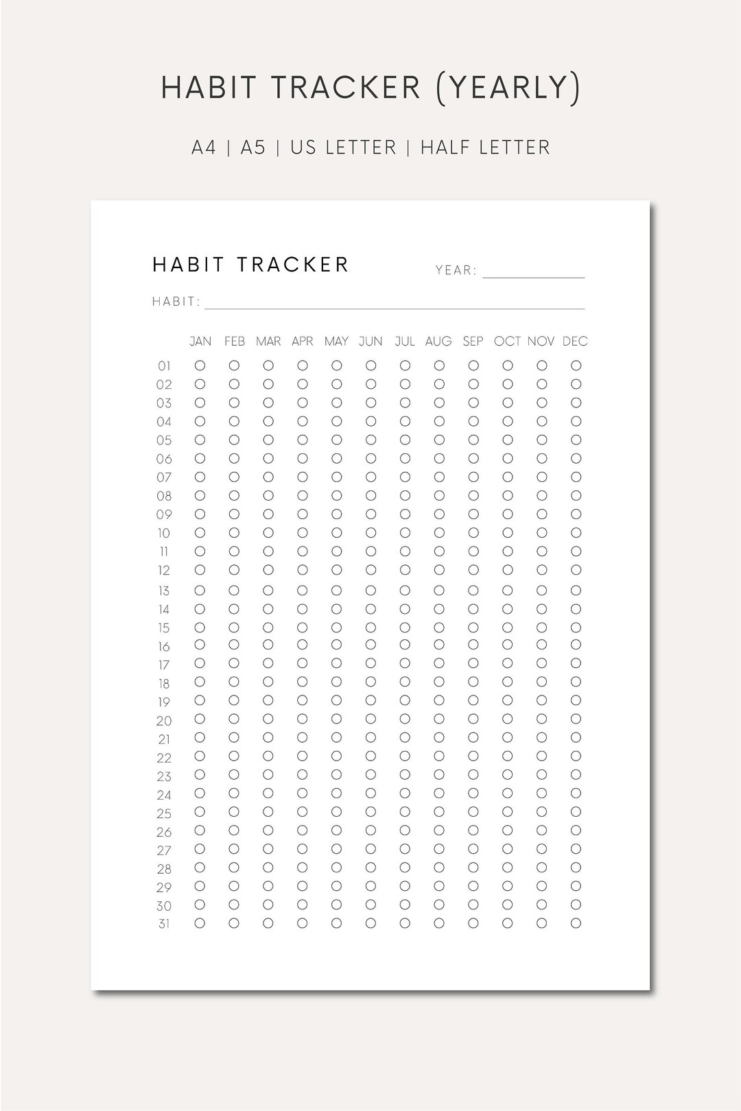 Printable Yearly Habit Tracker A4 Printable Habit Tracker Download ...