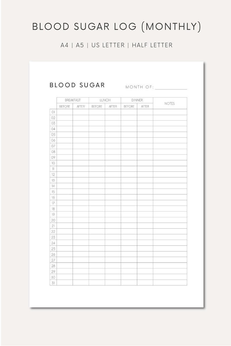 Monthly Blood Sugar Log Download Blood Glucose Journal Digital ...