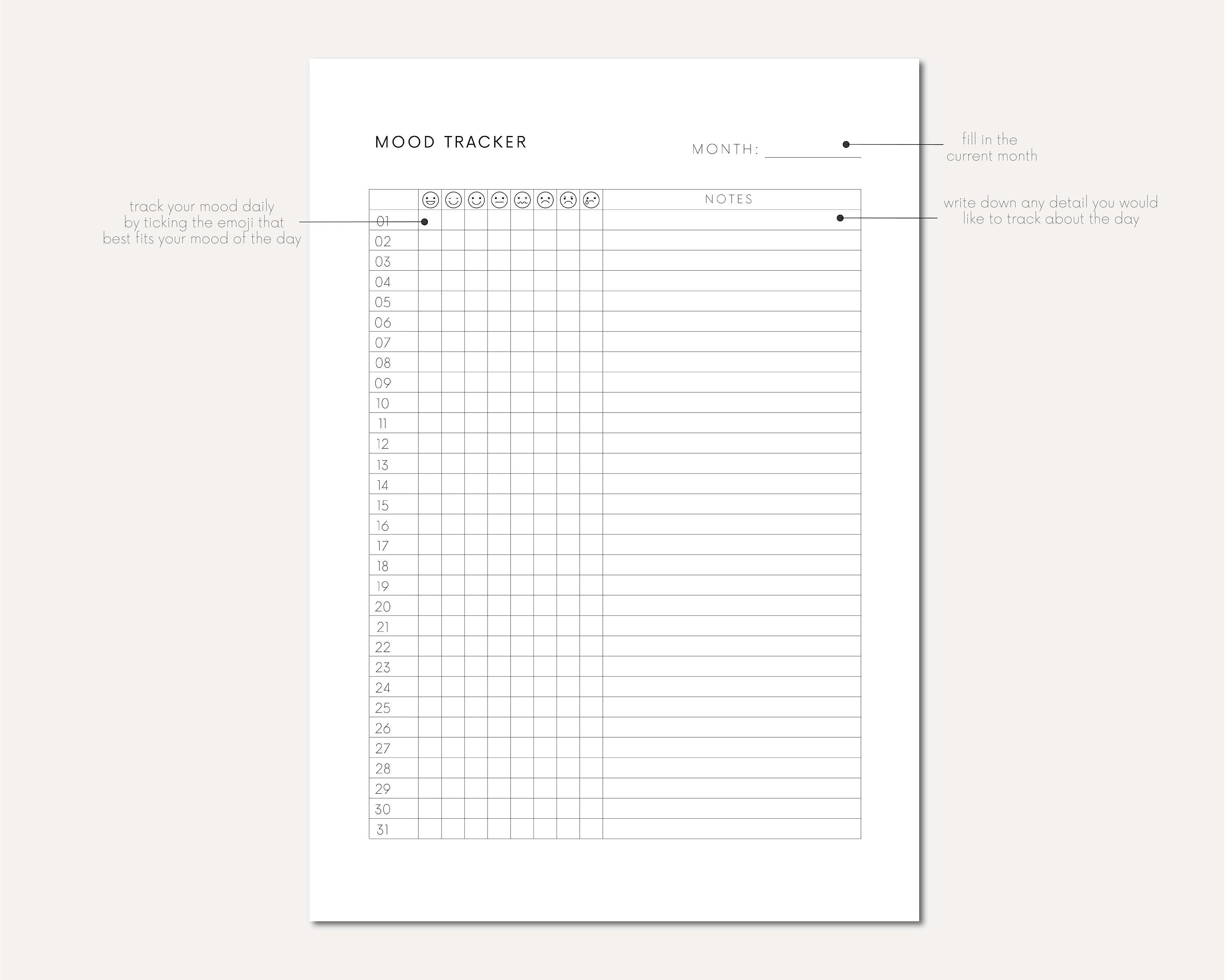 Daily Mood Tracker Printable Mood Track Monthly Emotion Tracker Digital ...