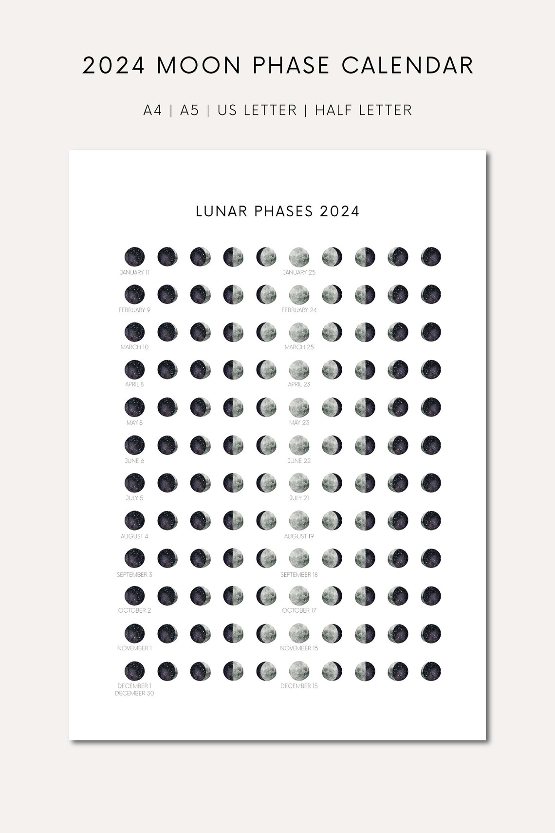 Printable Moon Phase Calendar 2024 Printable Lunar Calendar Digital ...