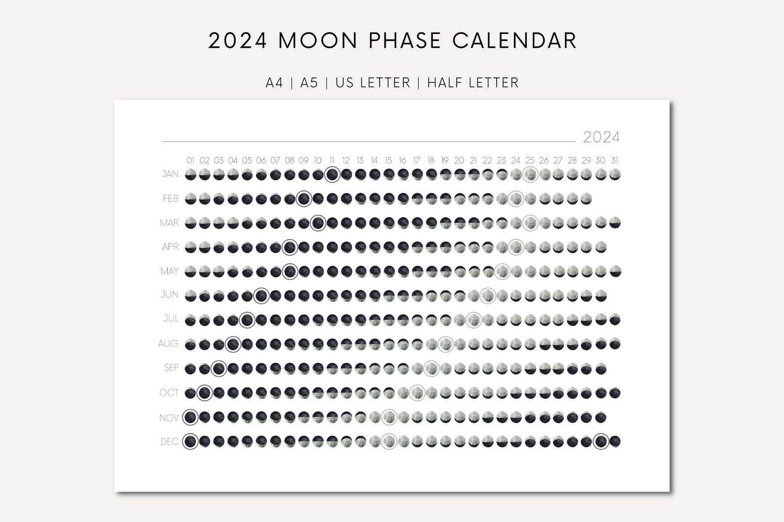 Printable Moon Phase Calendar for 2024 Digital Printable Moon Phases ...