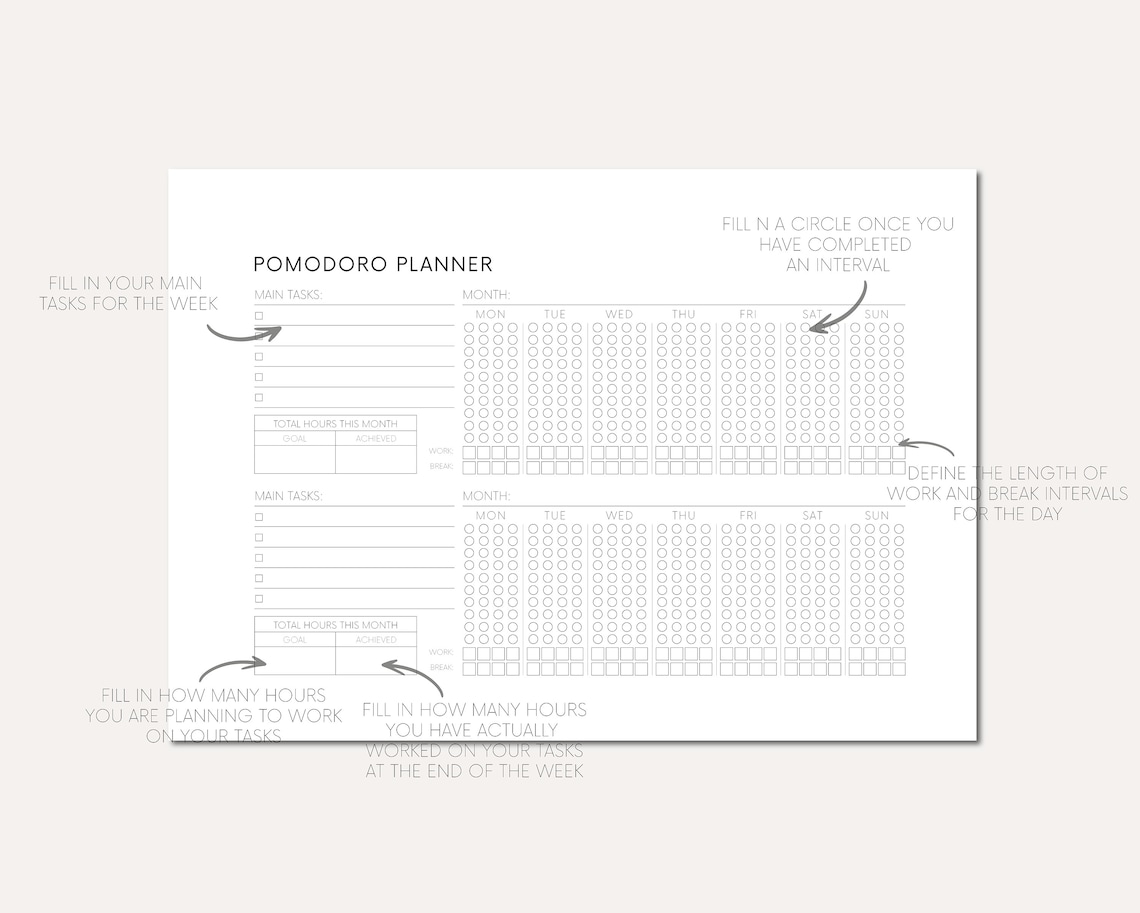 Printable Pomodoro Planner Download Productivity Tracker Pages for ...