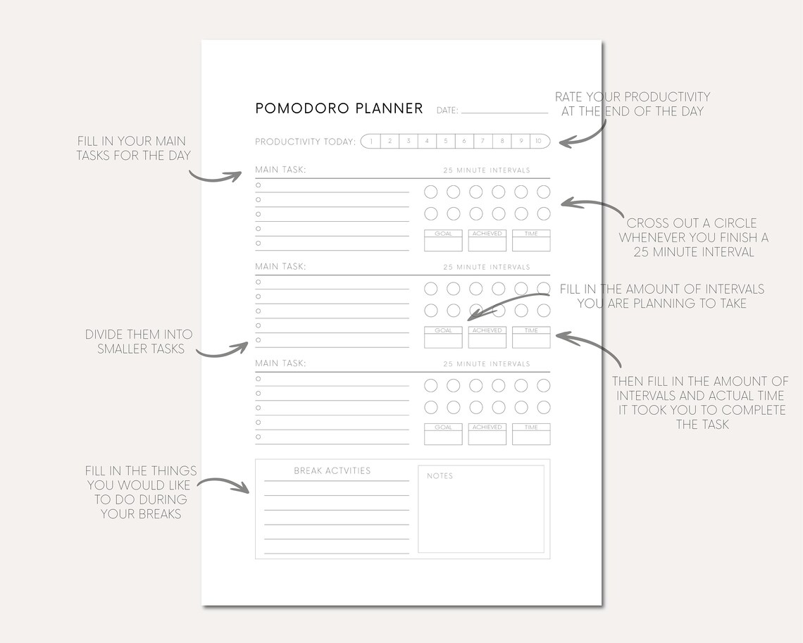 Printable Pomodoro Planner A4 Printable Pomodoro Method for Time ...