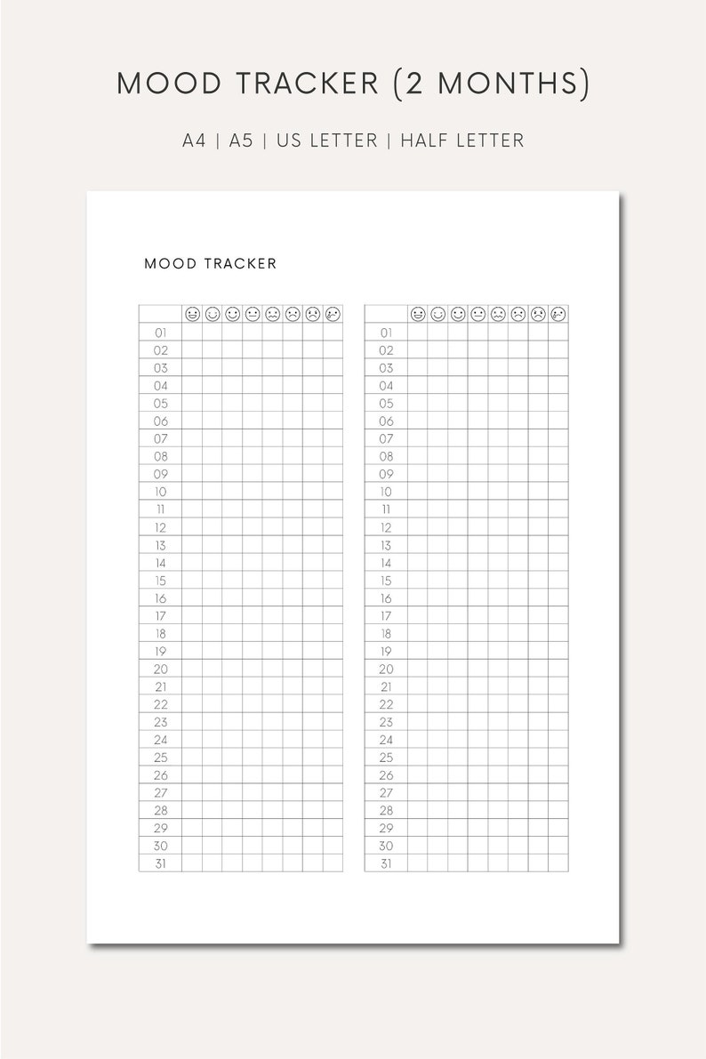 Mood Tracker Printable 2 Months Mood Tracking Download Daily Mood Track ...