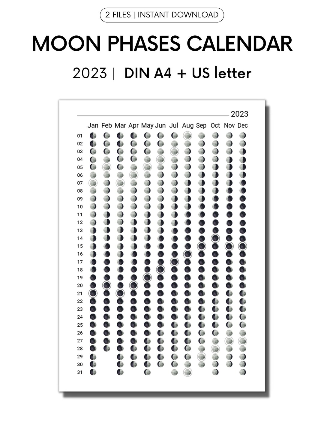 Printable Moon Phase Calendar INSTANT DIGITAL DOWNLOAD - Etsy