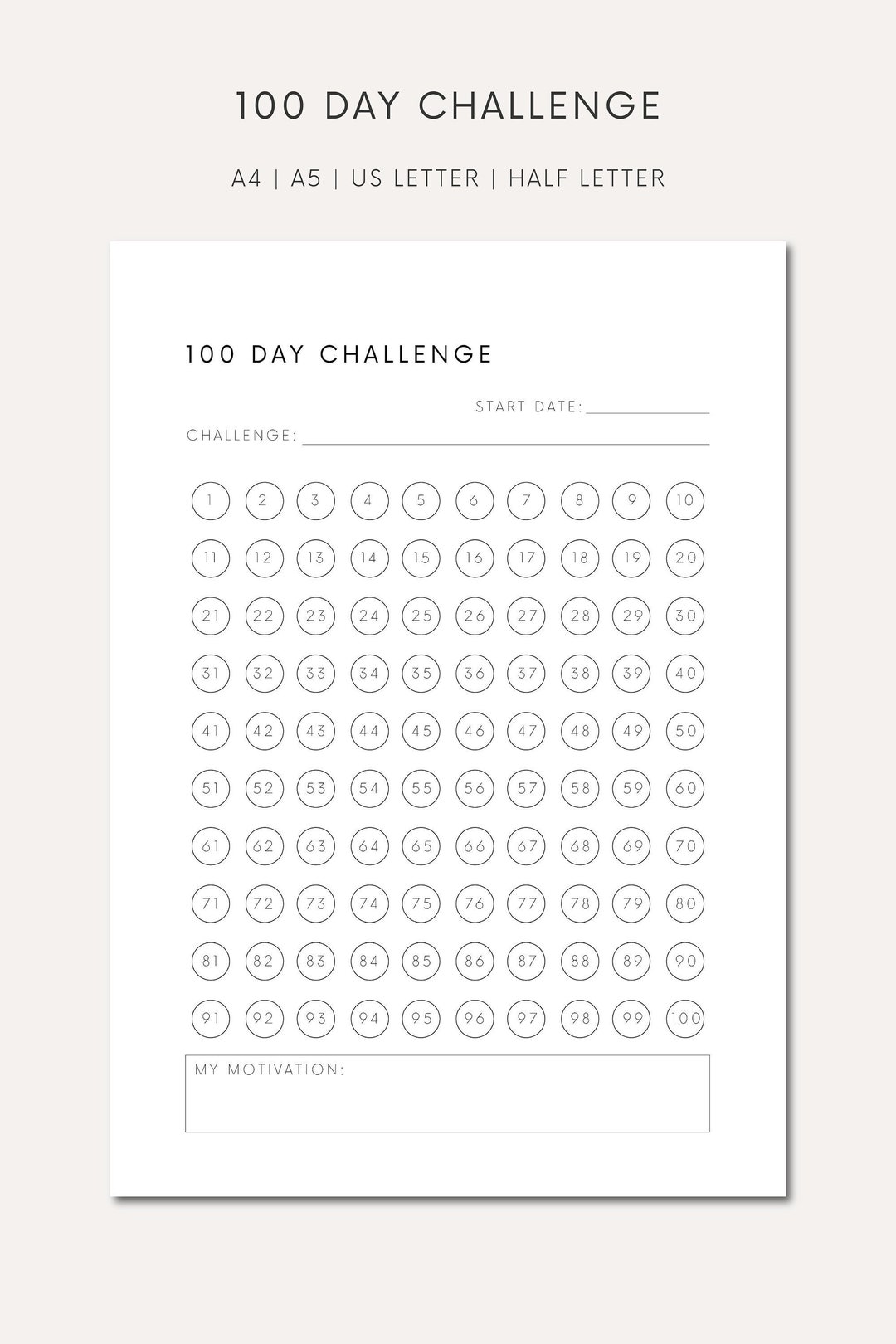 100 Day Challenge Printable Habit Tracker Download Start New Habit ...