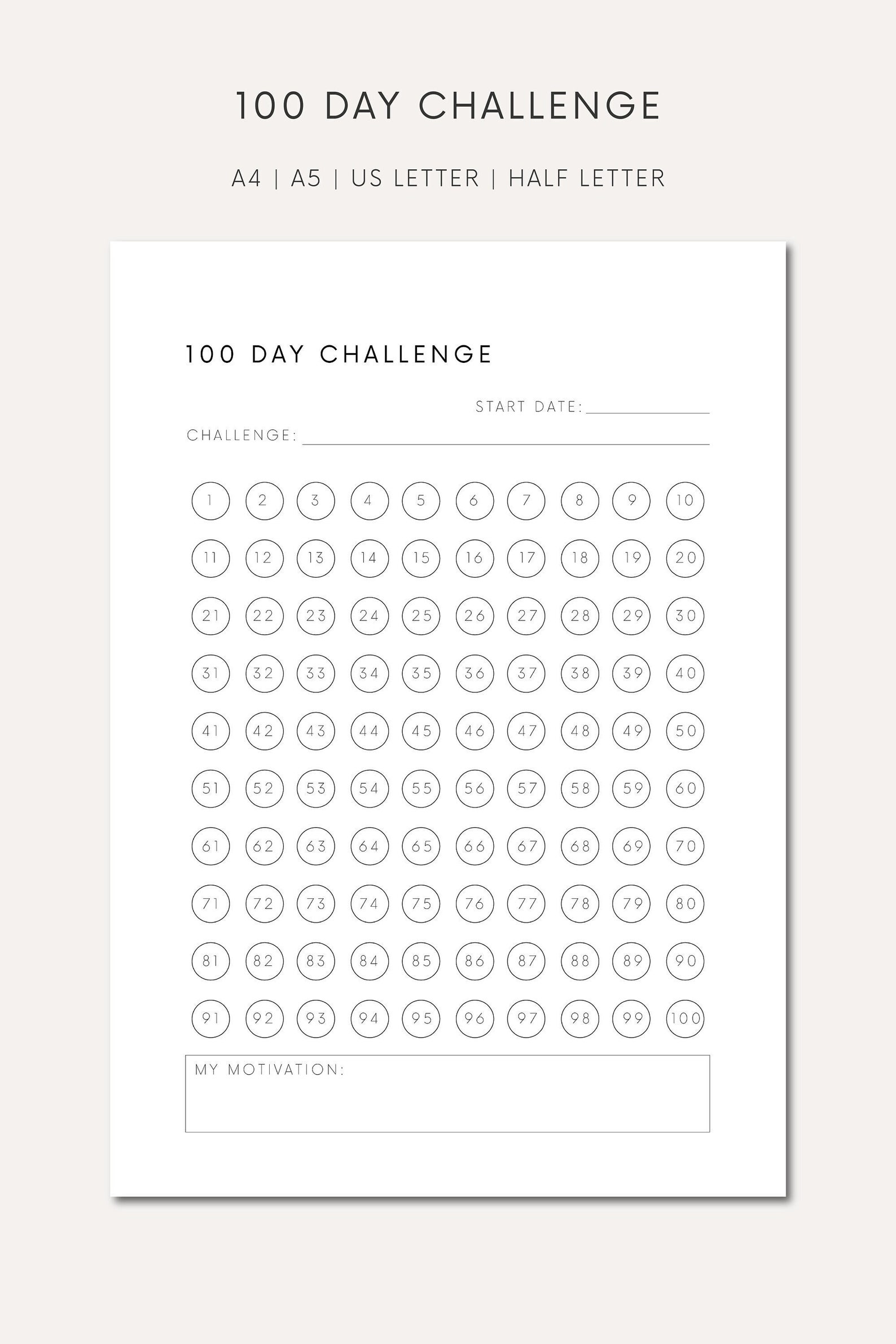 100 Day Challenge Printable Habit Tracker Download Start New Habit ...