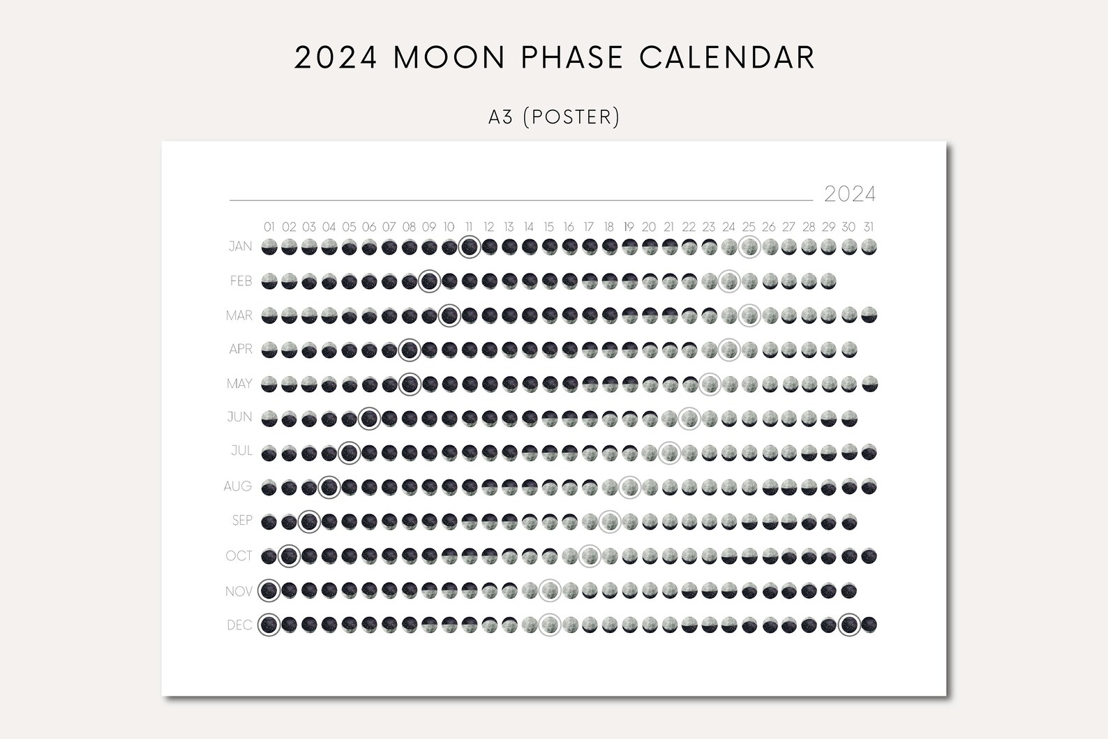 Printable Moon Phase Calendar 2024 Poster Download Lunar Art Digital ...