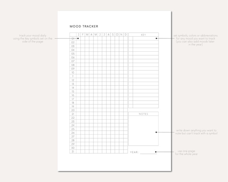 Year Mood Tracker Printable Daily Mood Track Digital Emotion Tracker ...