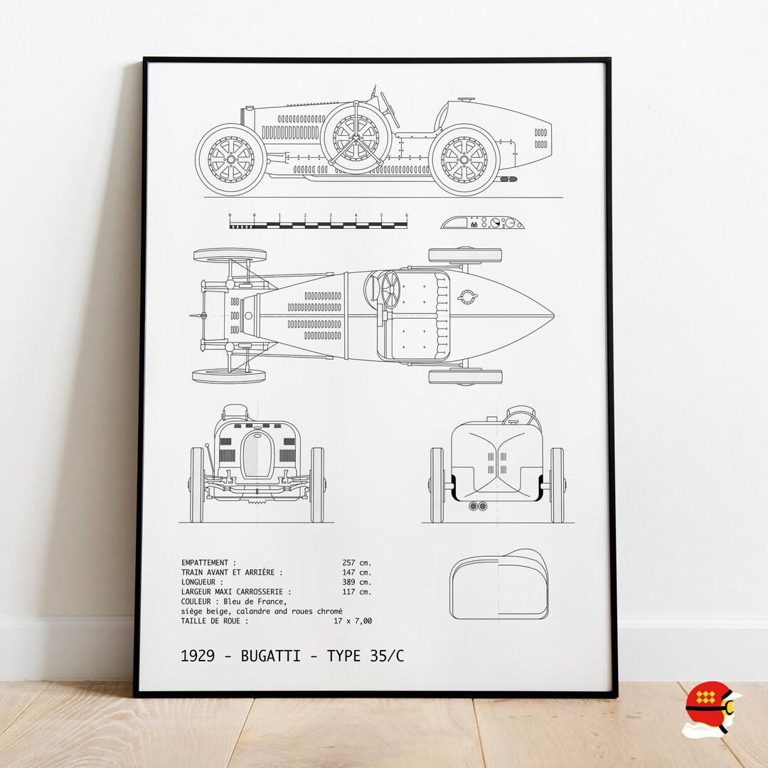 Bugatti Type 35 Poster - Technical Drawing - Illustration Prints Wall ...