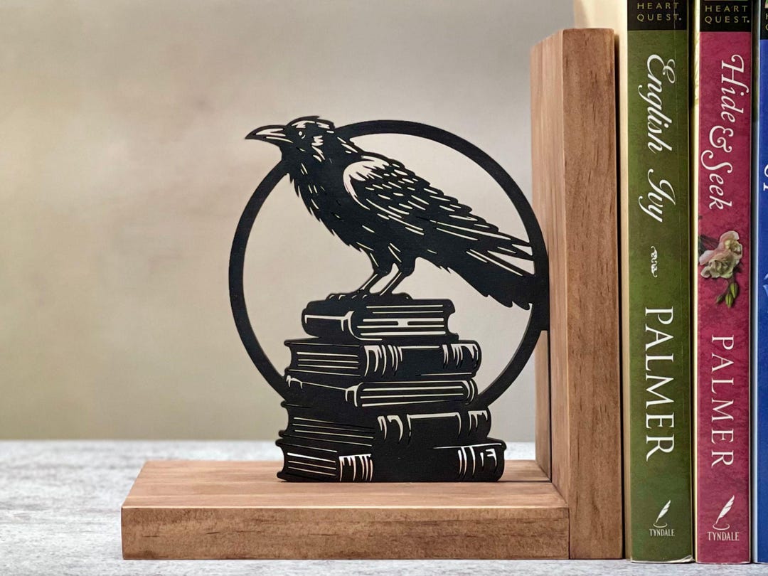 Raven on Book Stack Wooden Bookends | Library Decor | Bookshelf Decor - Etsy